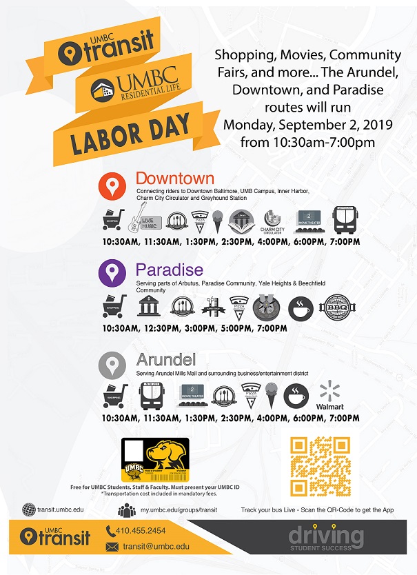 UMBC Transit - routes for Labor Day · Residential Life · myUMBC